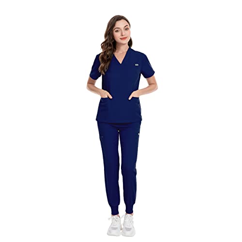 niaahinn Unisex Scrub Set Scrubs Top and Pants Medical Uniform V-Neck Top & Multi Pocket Pants (Navy Blue,M)