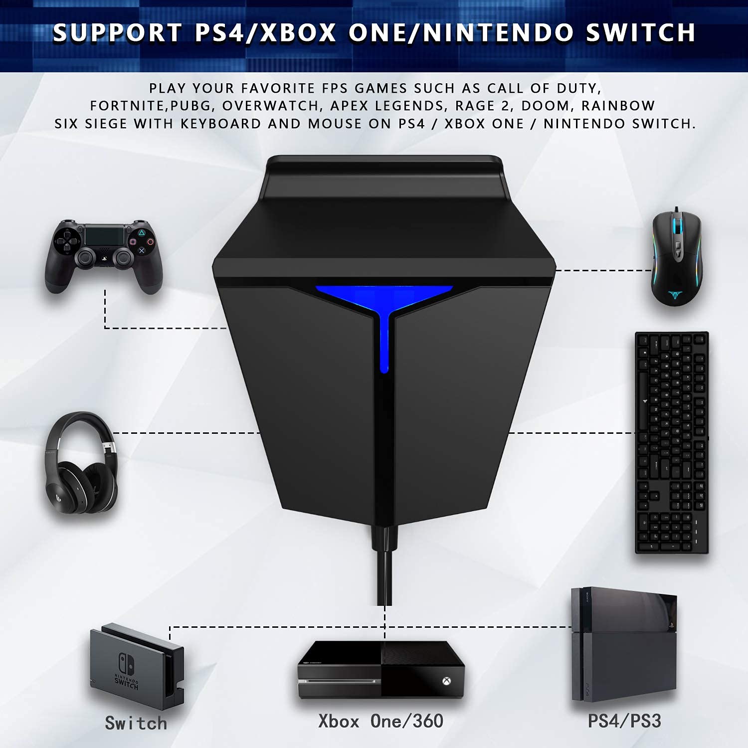DarkWalker Keyboard and Mouse Adapter with Headset Jack for PS4, Xbox One, Switch, PS3, PC