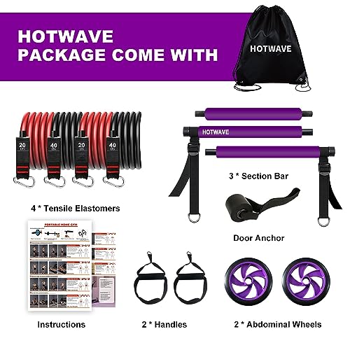 HOTWAVE Pilates Bar Kit with Resistance Bands. Fitness Bar with Ab Roller for Abs Workout. Squat Machine.Core Strength Training Equipment.Portable Home Gym for Men and Women