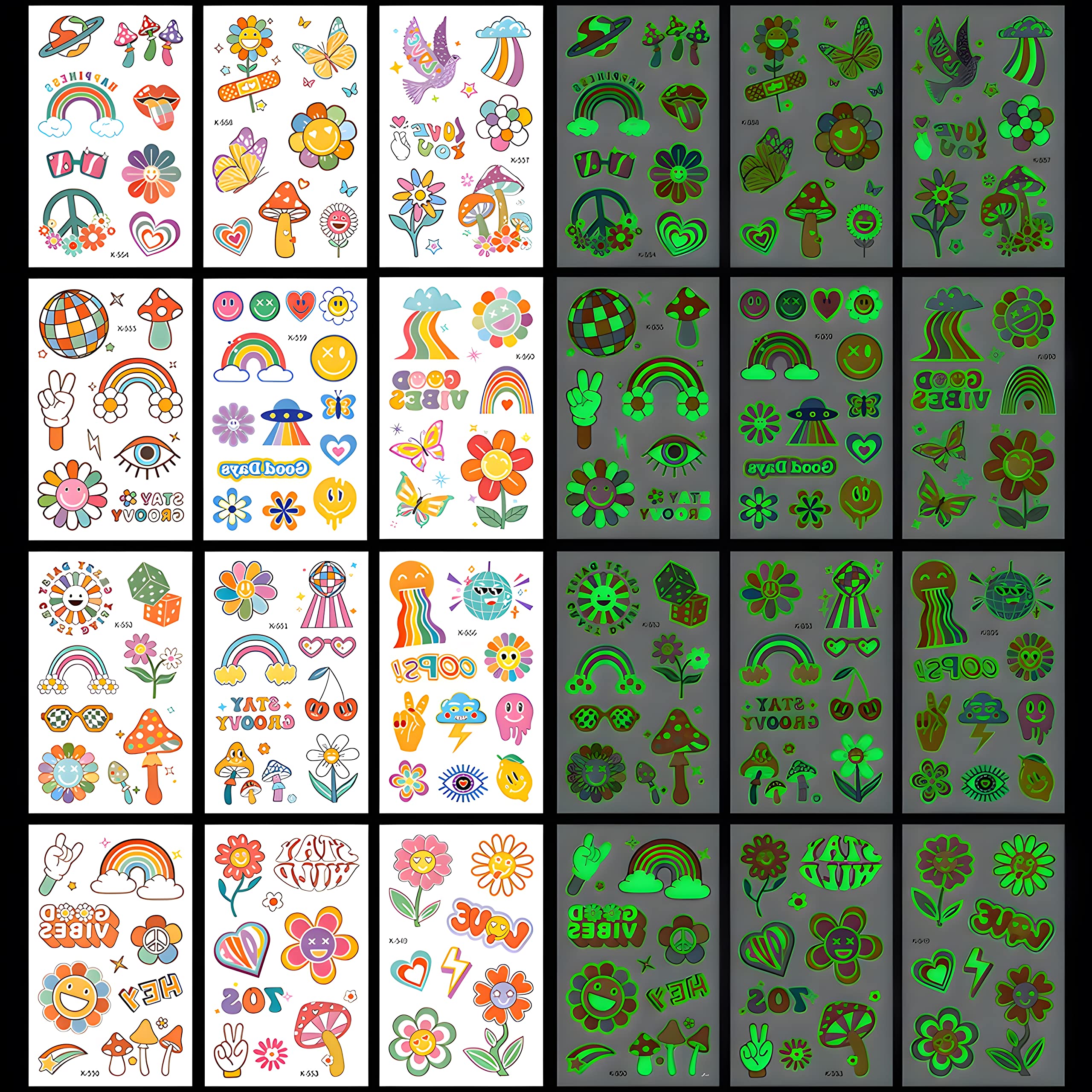 Finduat Glow In The Dark Groovy 70s Temporary Tattoos Stickers Kids Waterproof Luminous Tattoo Stickers Hippie Theme Birthday Party Supplies, Good Vibes Only Favors, Rainbow Arts and Crafts