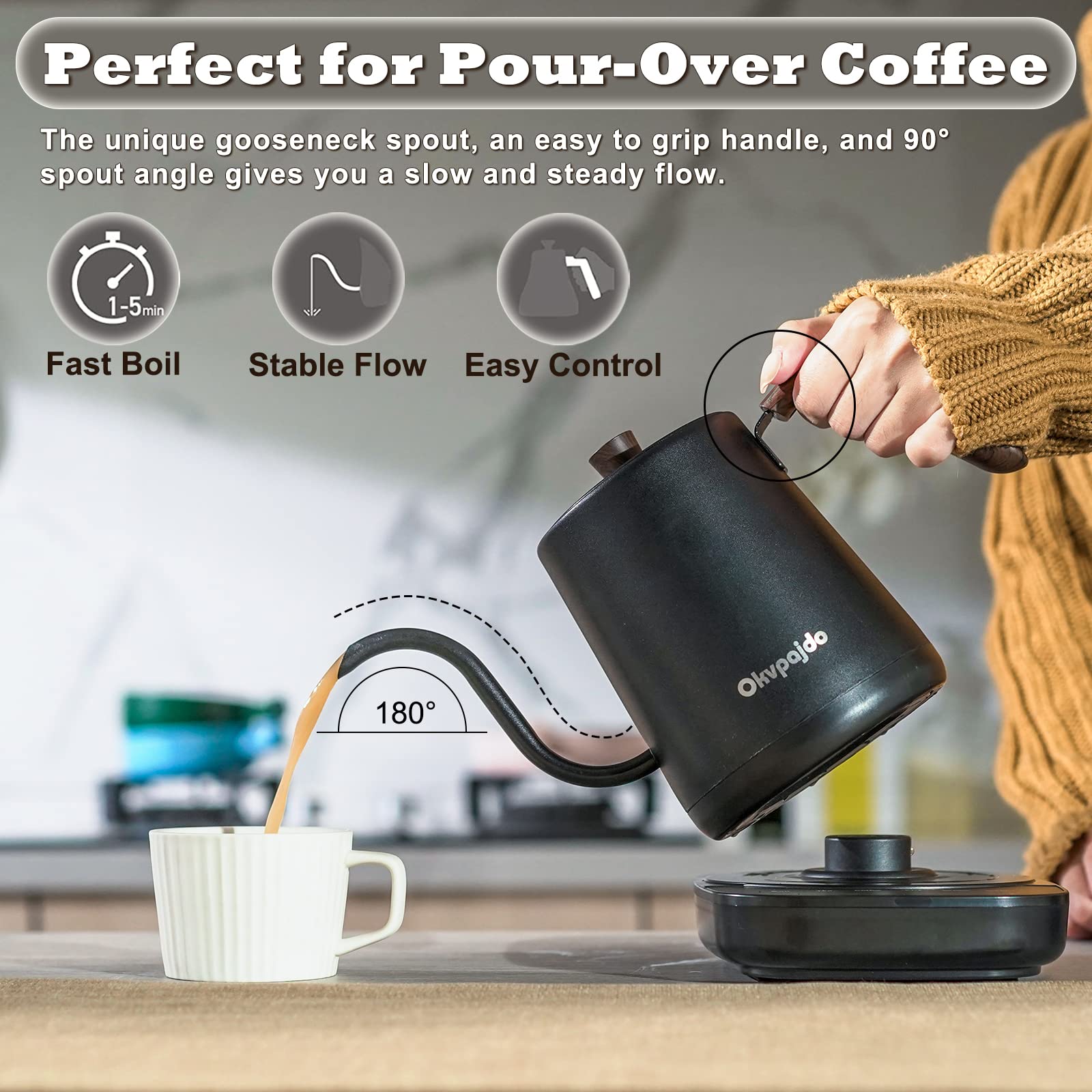 Electric Gooseneck Kettle - Pour-Over Coffee and Tea Kettle with LCD Display Automatic Shut Off - 100% Stainless Steel Kettle Water Boiler - Quick Heating Electric Kettles 0.8L - Matte Black