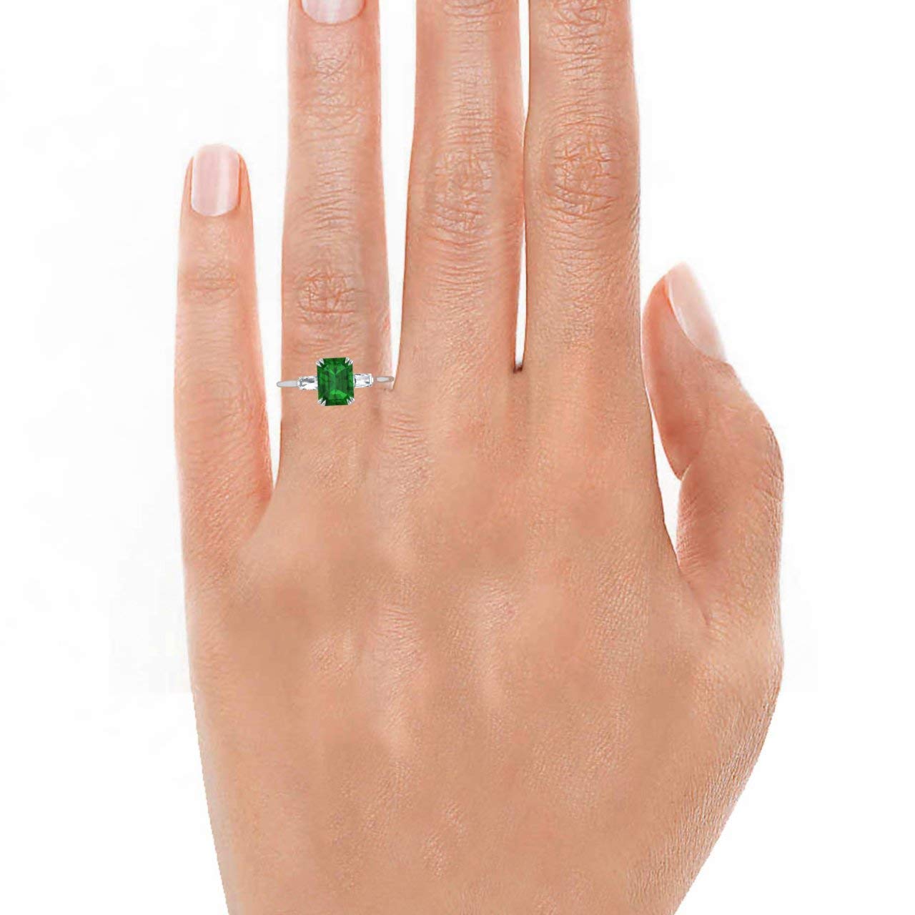 Diamondere Natural and Certified Emerald and Diamond Baguette Engagement Ring in 14K White Gold | 0.76 Carat Three Stone Petite Ring for Women, US Size 7.5