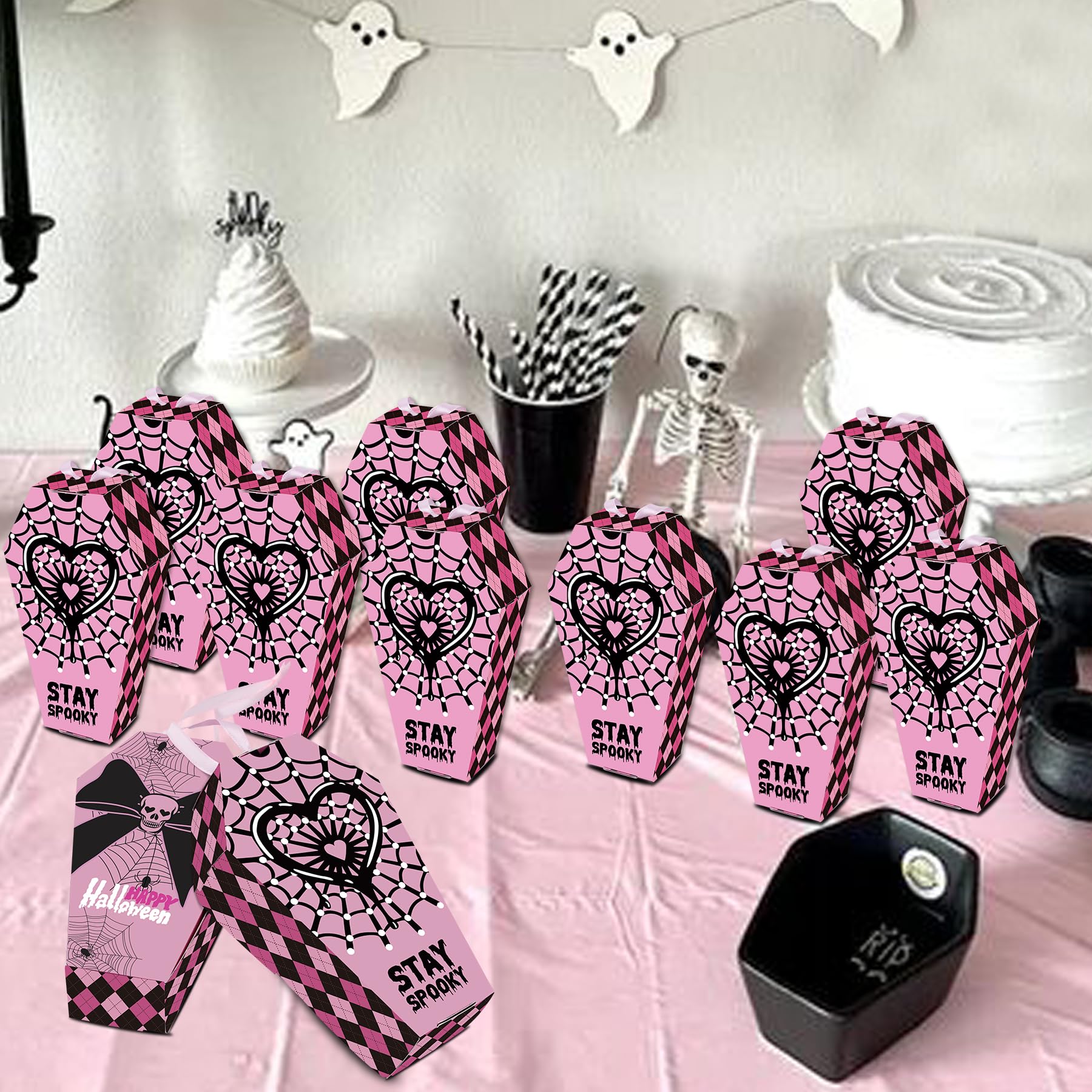HOMEZZO 24 Pcs Pink Spider Web Coffin Boxes, Spooky Goth Black Conquette Halloween Coffin Paper Candy Treat Gift Boxes for Halloween Party Decorations