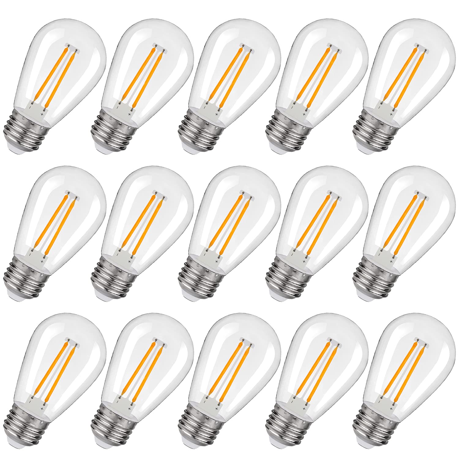 EMITTING 15 Pack LED S14 Replacement Light Bulbs, 2W Shatterproof Waterproof Outdoor String Light Bulbs,E26 Regular Base,2200K Warm White,150LM,CRI80,Non-Dimmable