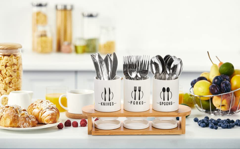 Fasmov Flatware Holder, 3 Pack Silverware Caddy with Bamboo Rack, Utensil Holder Ceramic Flatware Caddy White Ceramic Cutlery Organizer for Forks, Spoons, Knives