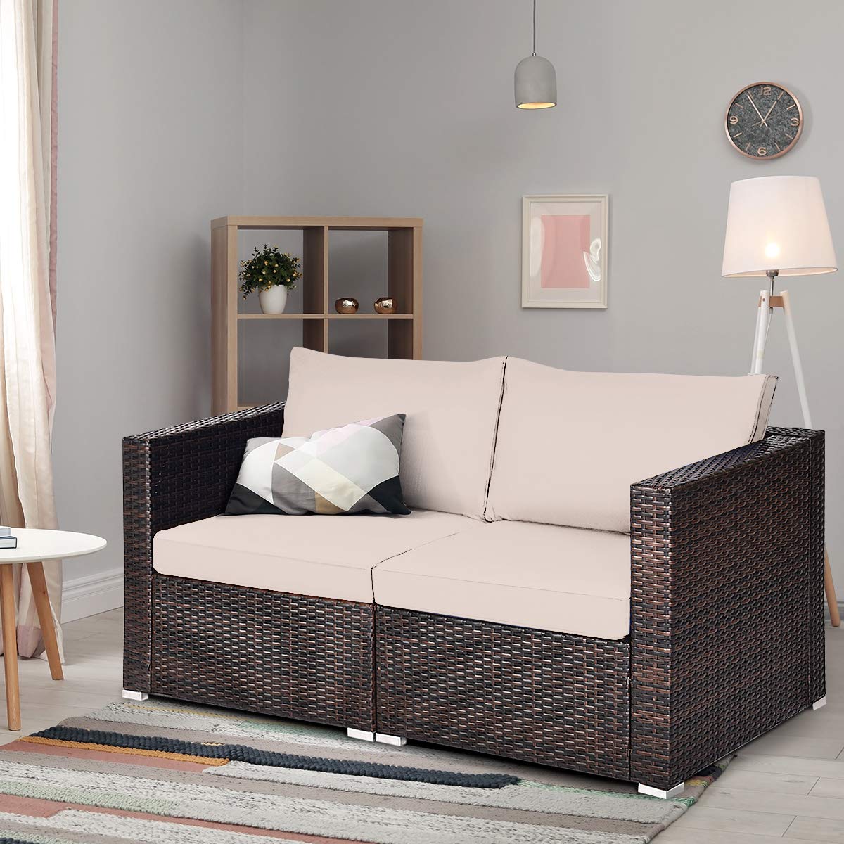 Tangkula 4 PCS Outdoor Wicker Corner Sofa Set, Patio Rattan Loveseat w/Removable Cushions, Sectional Sofa Set Additional Seats for Balcony Patio Garden Poolside (Brown)