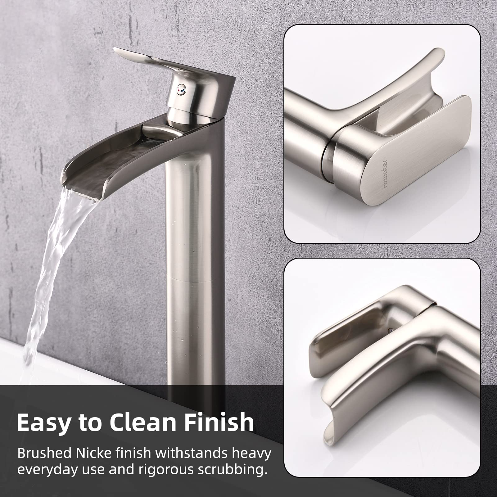 NEWATER Waterfall Spout Tall Vessel Bathroom Sink Faucet,Basin Mixer Tap Single Handle One Hole Brushed Nickel