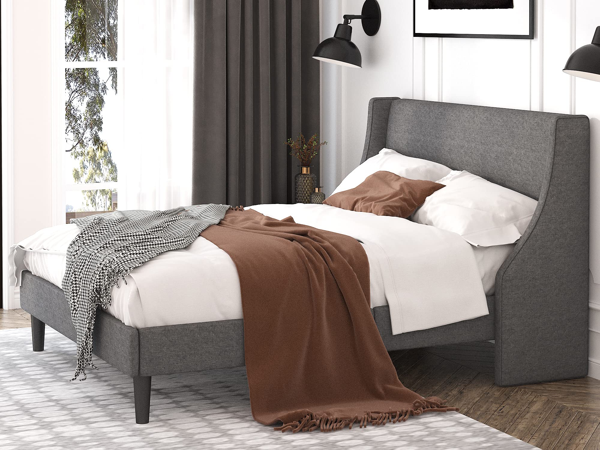 Einfach Queen Size Platform Bed Frame with Wingback Headboard/Fabric Upholstered Mattress Foundation with Wooden Slat Support Light Grey