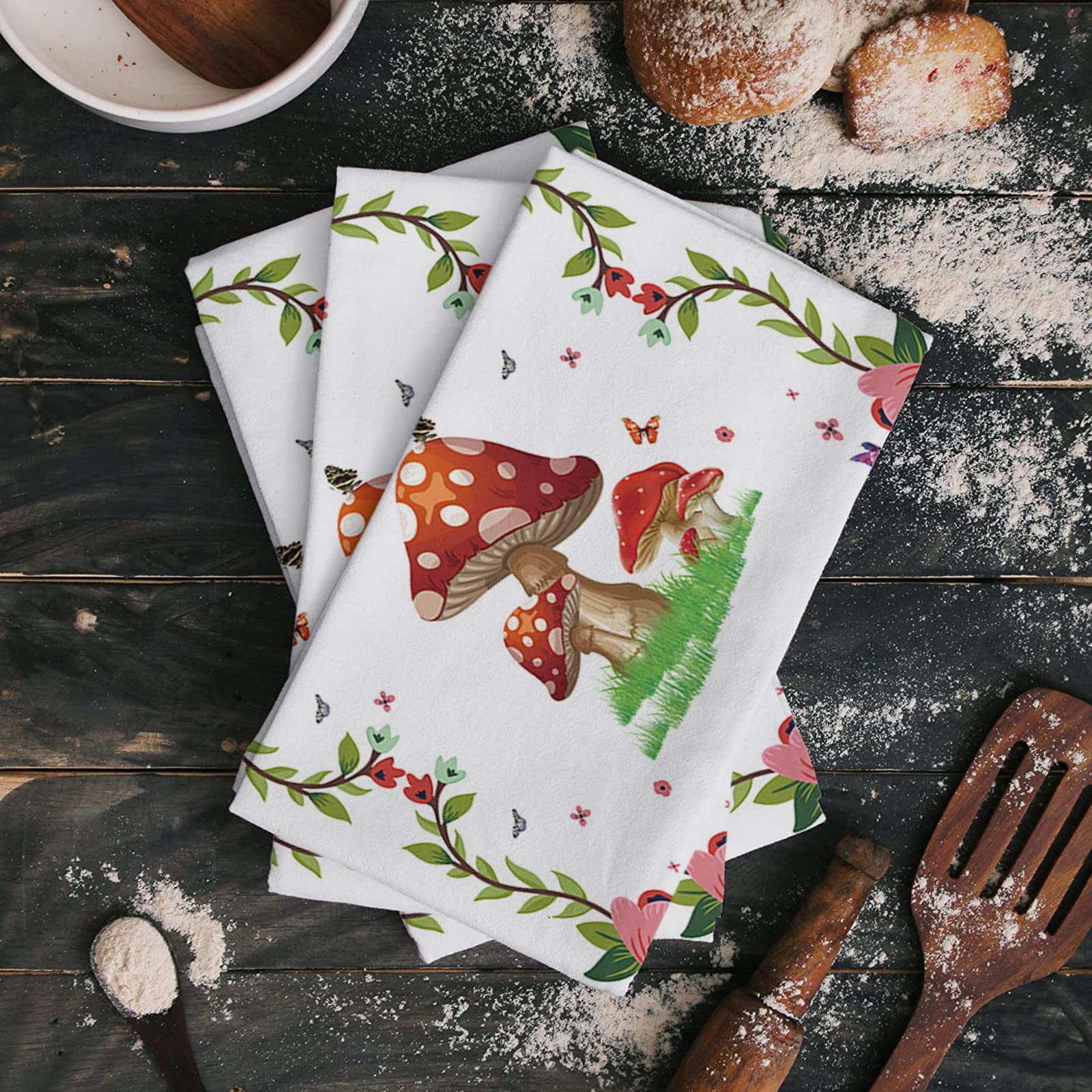 Dish Towels for Kitchen,Hand Towel Cleaning Cloths Country Forest Mushroom Absorbent Fast Drying Dish Rags,Flower Green Leaf Branch Frame Bathroom Cloth Set of 2 with Hanging Loop