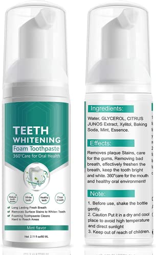 Teeth Whitening Toothpaste Foam-Baking Soda Toothpaste,Ultra-fine Mousse Deeply Clean Gums,Intensive Stain Removal,Travel Friendly, Easy to Use,Oral Care Toothpaste Replacement Mouth Wash Water(60ml)
