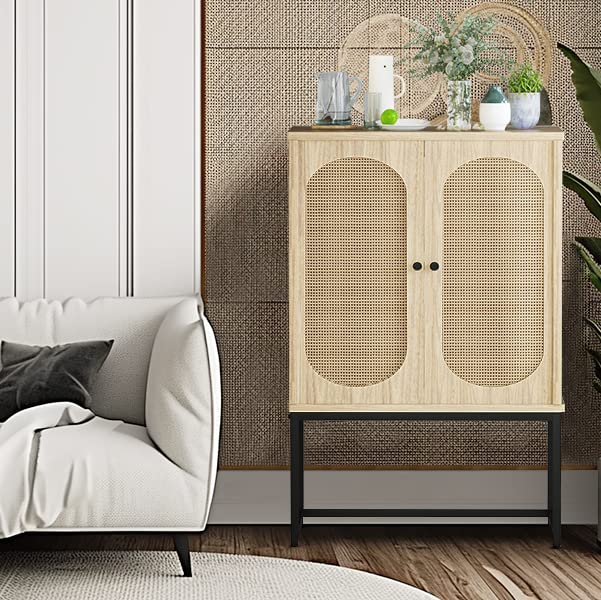 Lamerge Rattan Cabinet,2 Door Sideboard Buffet Cupboard Accent High Cabinet with Natural Rattan,Free Standing Bookmatch,Adjustable Shelves,Easy Assembly,Rustic Oak Beige (LRC-ob)