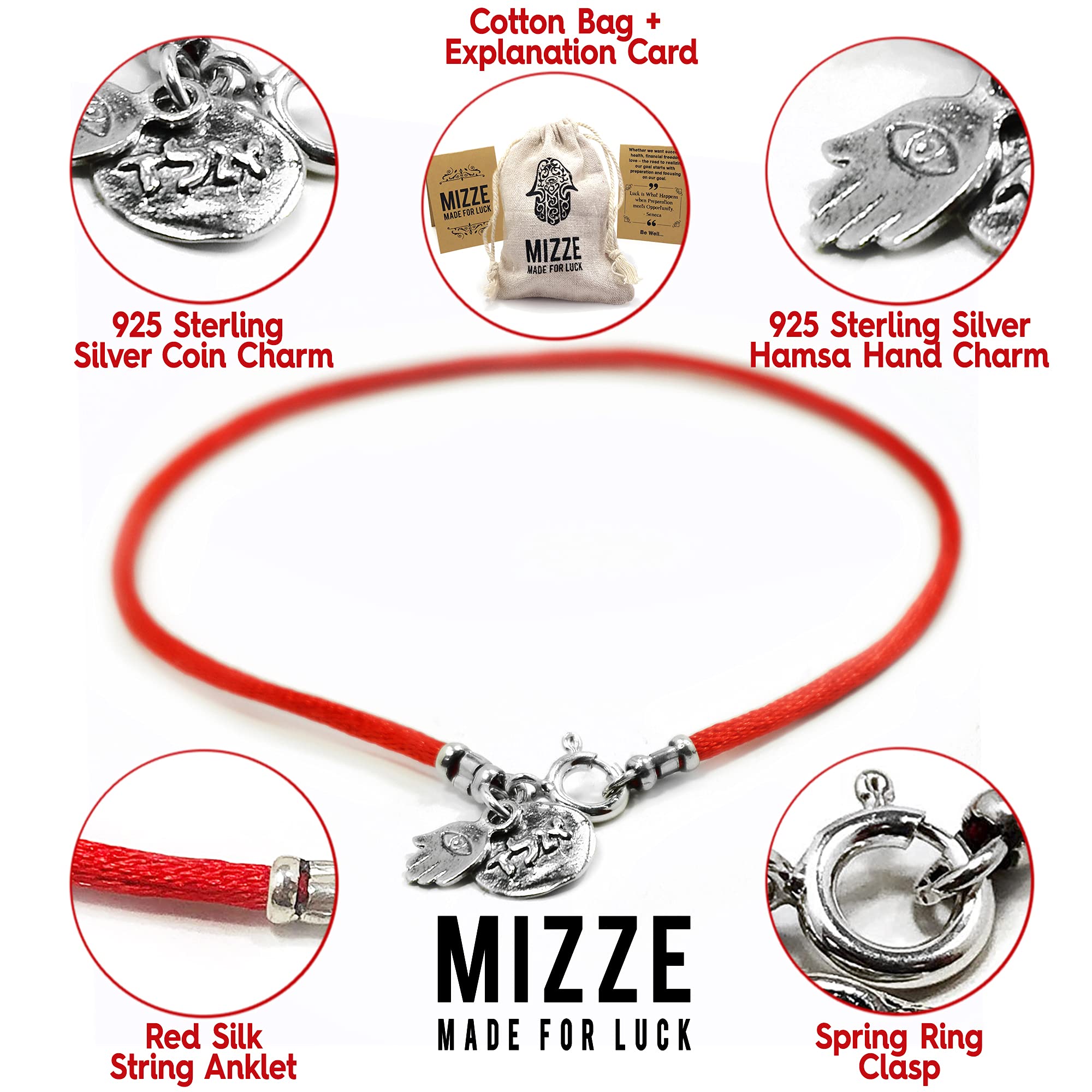 Red Protection & Positive Energy Anklet for Women on Silk String - Sterling Silver Coin Charm & Hamsa Hand Ankle Bracelet for Protection - 9.5" Length with Spring Ring Clasp