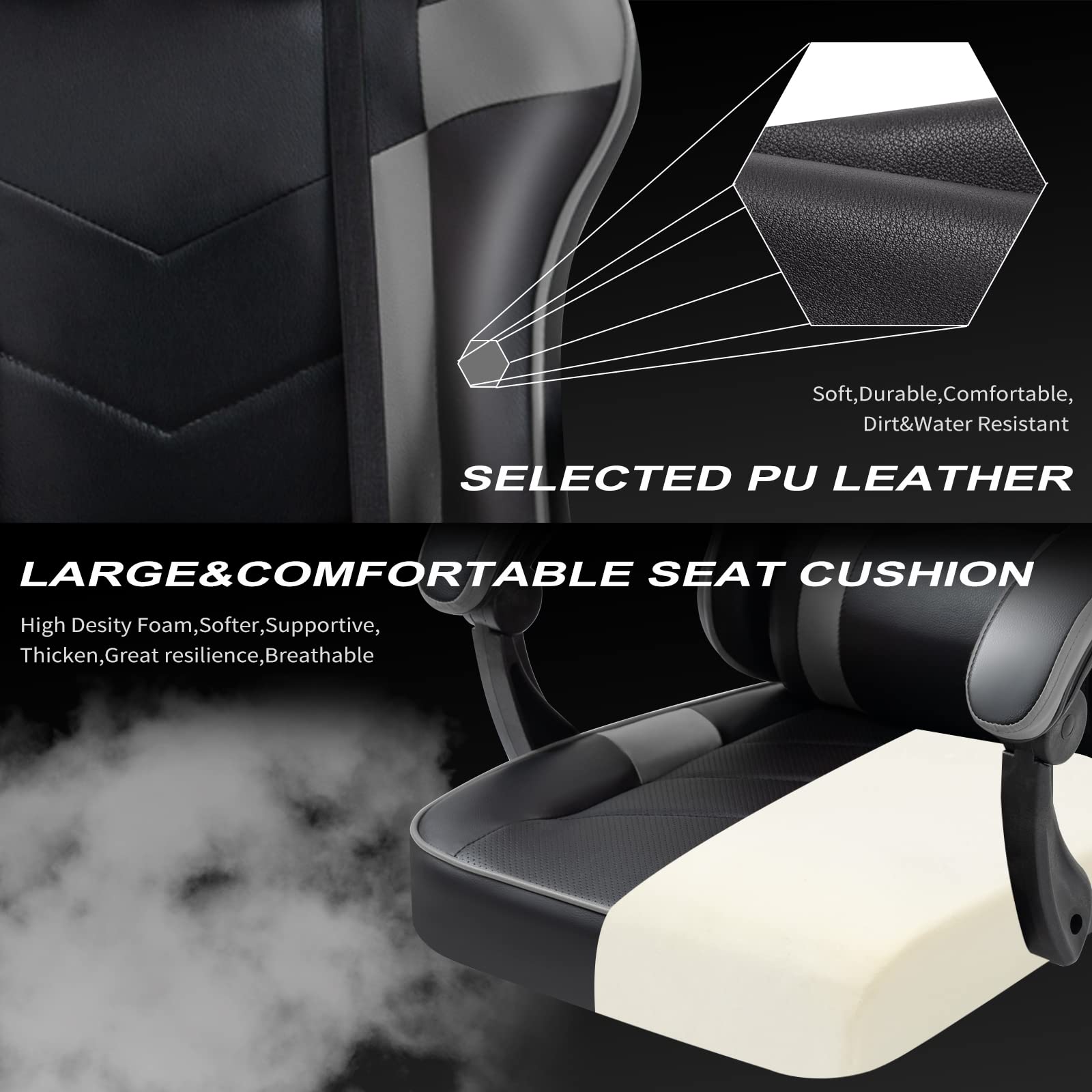Darkecho Massage Gaming Chair with footrest,Computer Chair with Flat Seat Cushion,Height Adjustable Gamer Chair with Padded Armrests,Headrest and Lumbar Support for Office or Gaming Black/Grey
