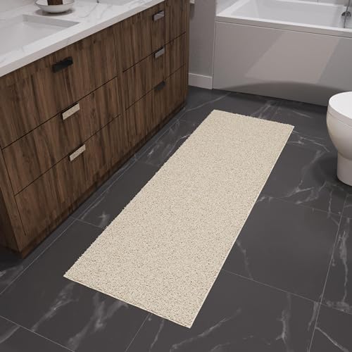 Ottomanson Indoor Solid Shag Design Rubber Back 2x6 Soft Pile Shag Runner Rug for Hallway, Entryway, Kitchen, Living Room, Bedroom, Bathroom, 2' x 6', Cream