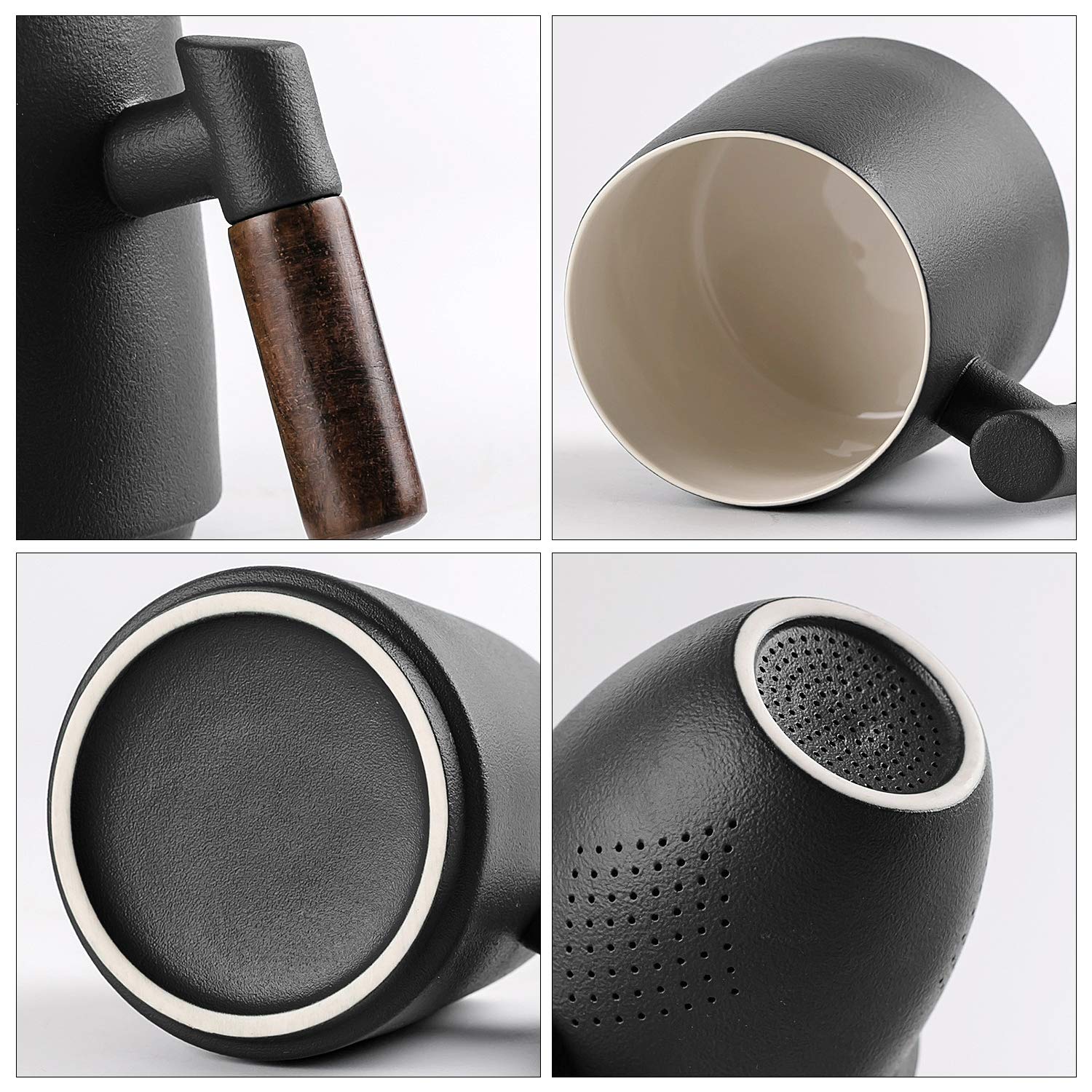 ERBAITM Sandalwood handle Tea Mug,Porcelain Tea Mug with Infuser and Lid,13.5 oz