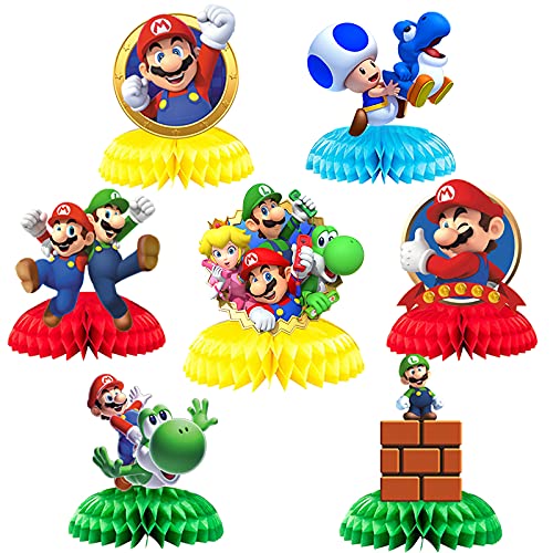 OU RUI 7Pcs Mario Honeycomb Style Centerpiece Mario Themed Party Supplies Mario Birthday Party Desktop Decoration