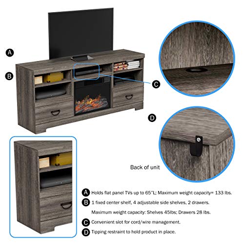 Electric Fireplace TV Stand- for TVs up to 65", Media Shelves & 2 Drawers, Remote Control, LED Flames, Adjustable Heat & Light by Lavish Home