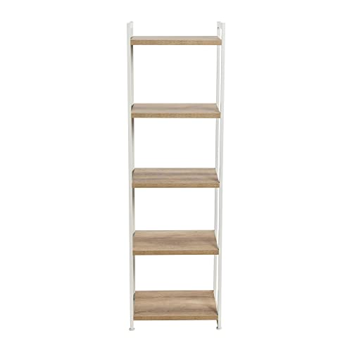 Household Essentials Jamestown Narrow 5 Shelf Open Storage Bookshelf Coastal Oak Rustic Wood Grain and White Metal