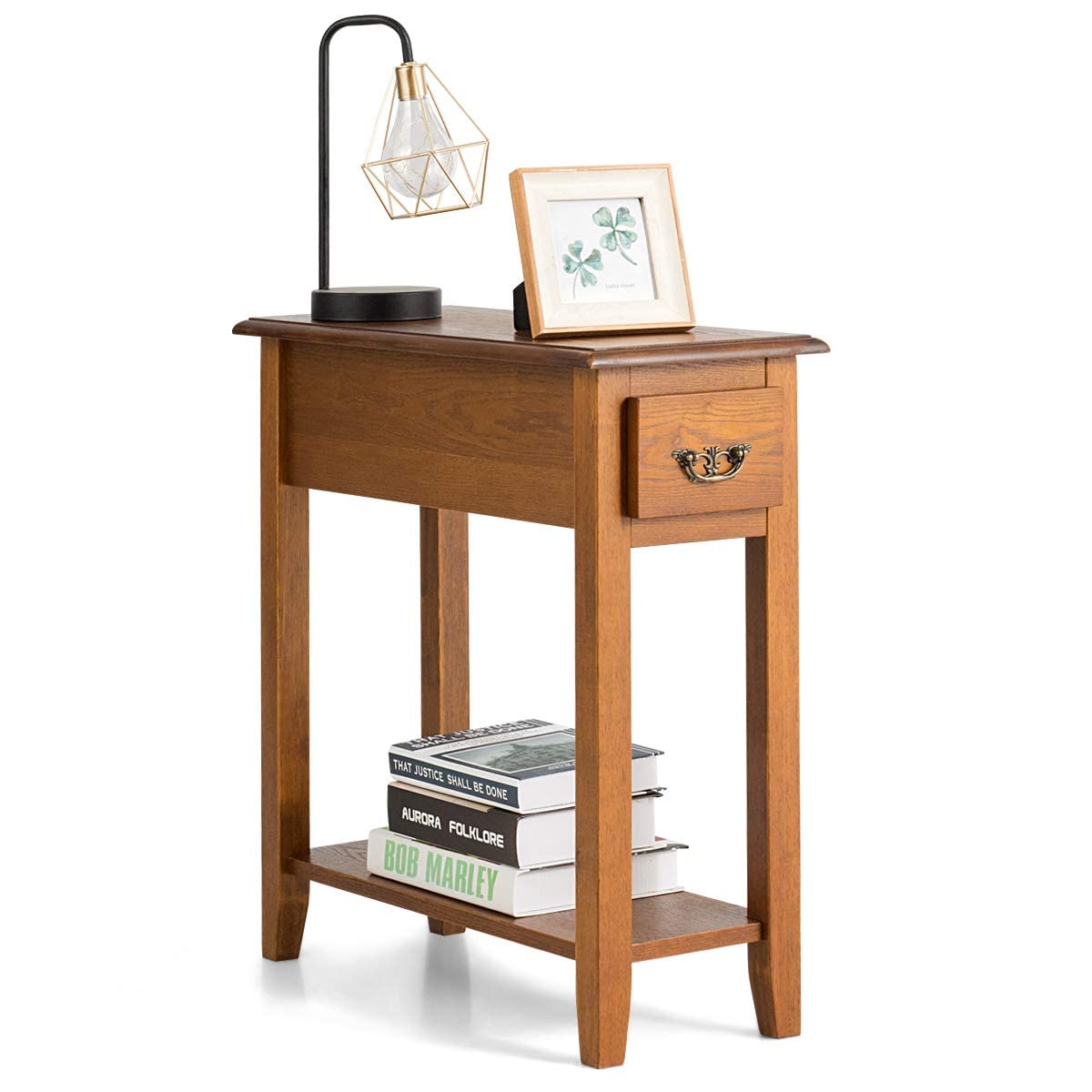 Tangkula Narrow End Table, Slim Side Table with Drawer and Open Shelf, Small End Tables for Small Spaces, Narrow Nightstand Bedside Table for Living Room Bedroom, 9.8 x 23.6 x 23.6 inches (1, Walnut)