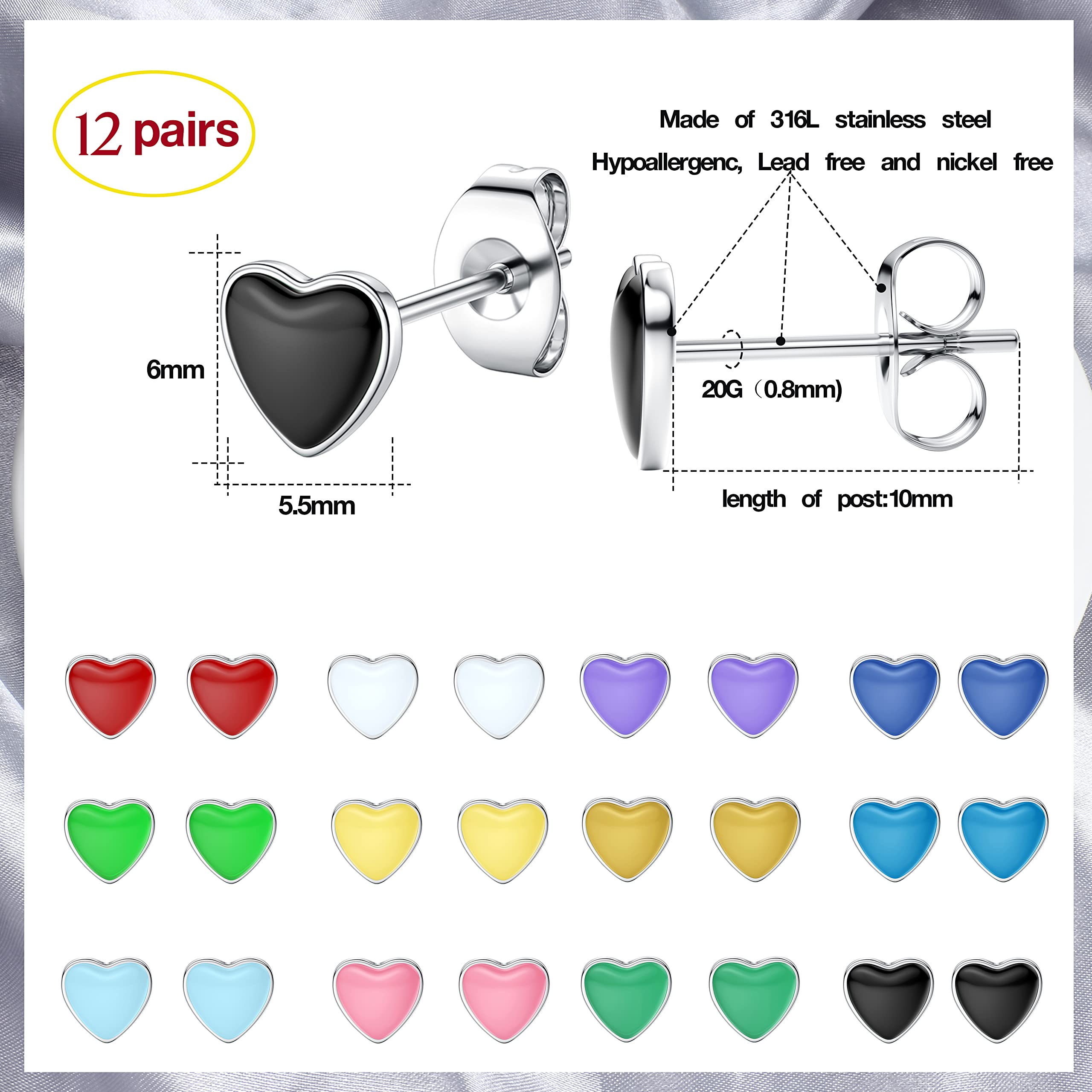 FASACCO Heart Stud Earrings Star Stud Earrings with Multiple Color Set Surgical Steel Earrings Heart