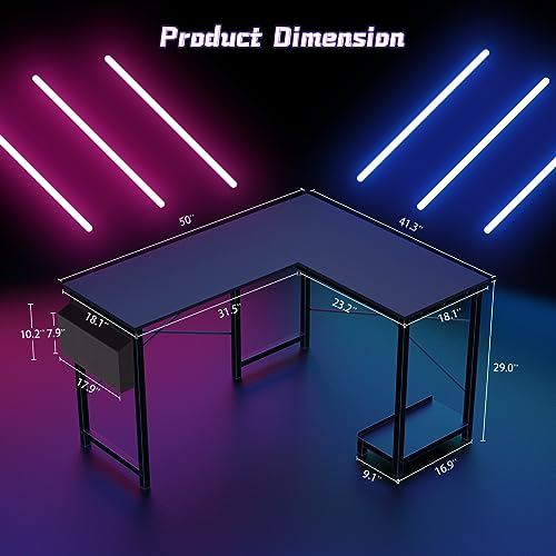 Sweetcrispy Computer Desk - L Shaped Gaming Desk, Corner Desks PC Desk Table with CPU Stand Side Bag for Home Office Dorm Sturdy Writing Workstation, Black, 50 Inch