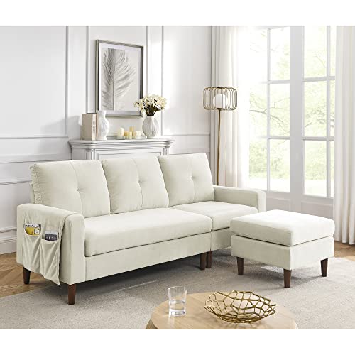 MOEO 3 Seat Sofa with Removable Ottoman and Cushions, L-Shape Chenille Convertible Couch w/Pocket & Rubber Wood Legs, Perfect for Living Room, Aapartment, Small Space, 80", Beige