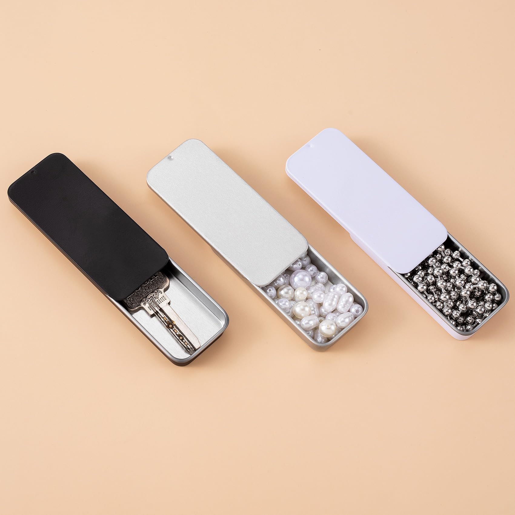 OIIKI 6pcs Small Slide Top Tin Box, Metal Rectangle Storage Boxes, Empty Tin Case Containers for Storage Candy Pills Earrings Jewelry Lipstick Toothpicks- 2 Silver & 2 Black & 2 White