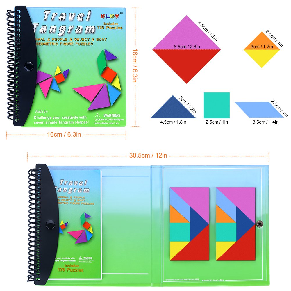 Wallxin Travel Tangram Puzzle - Magnetic Pattern Block Book Road Trip Game Jigsaw Shapes for Kids Adult Challenge IQ Educational Toy Gift Brain Teasers-2 Set of Tangrams