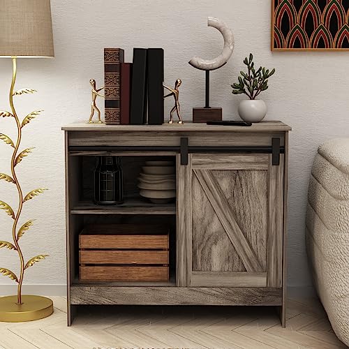 Landia Home Farmhouse Accent Cabinet, End Table, Modern Bed Side End Table with Barn Door and Shelf, Nightstand for Bedroom, Living Room, Grey