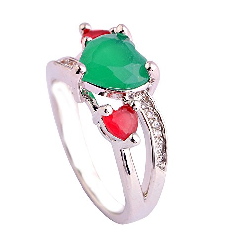 Empsoul Silver Plated Heart Shaped 3-Stones Created Ruby & Green Topaz CZ Filled Forever Love Promise Proposal Wedding Engagement Bridal Women Ring Size 6