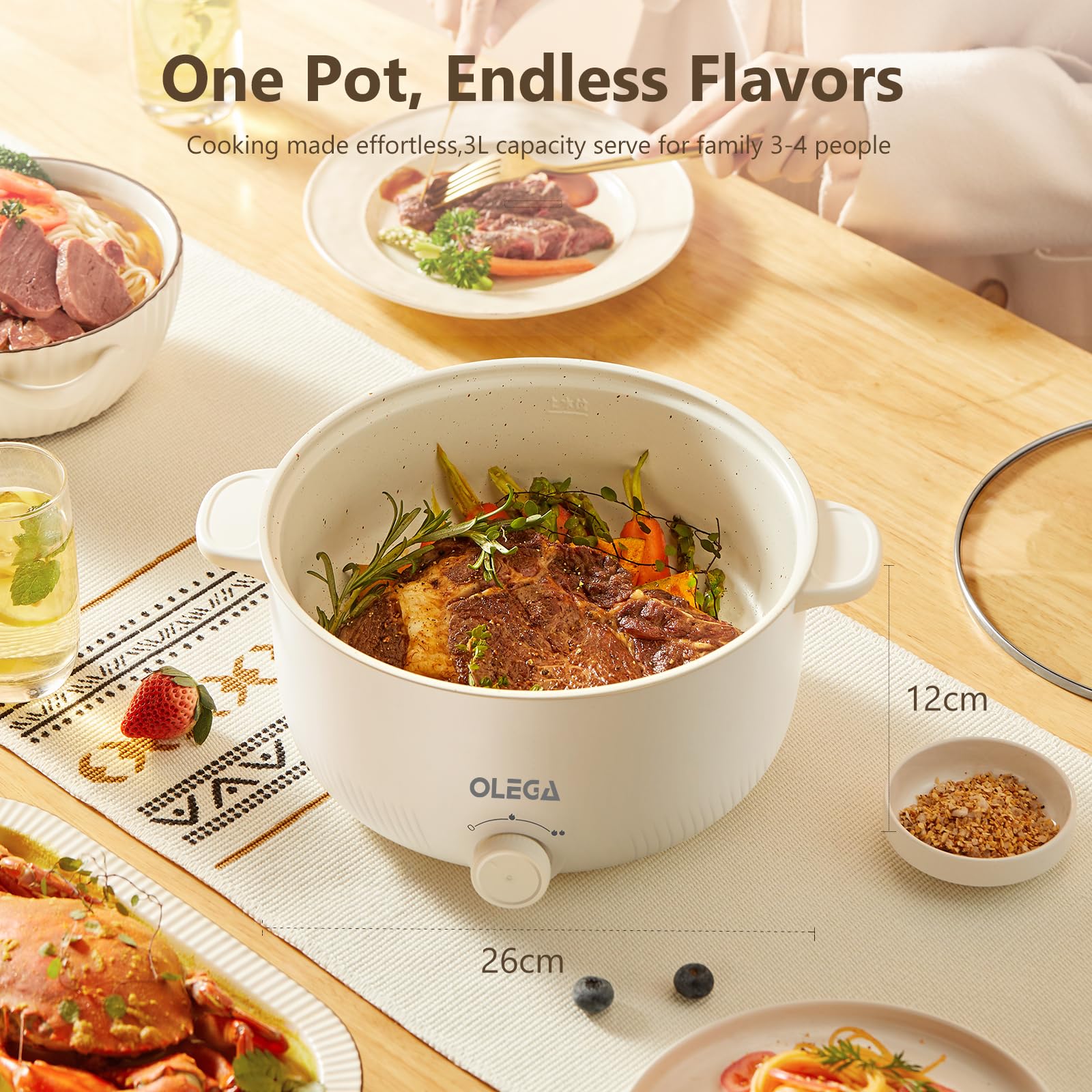 OLEGA Electric Hot Pot - 3L Portable Electric Pots with Steamer for Cooking Dual Power Adjustment with Non-stick Coating for Dorm, Office, Travel 120V