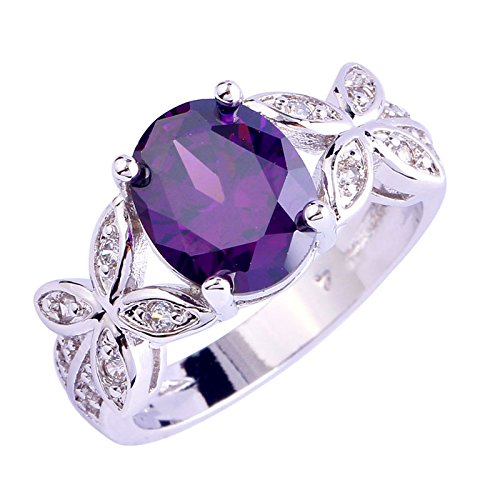 Empsoul Silver Plated Oval Shaped Created Amethyst CZ Filled Butterfly Love Promise Proposal Wedding Engagement Bridal Women Ring Size 8