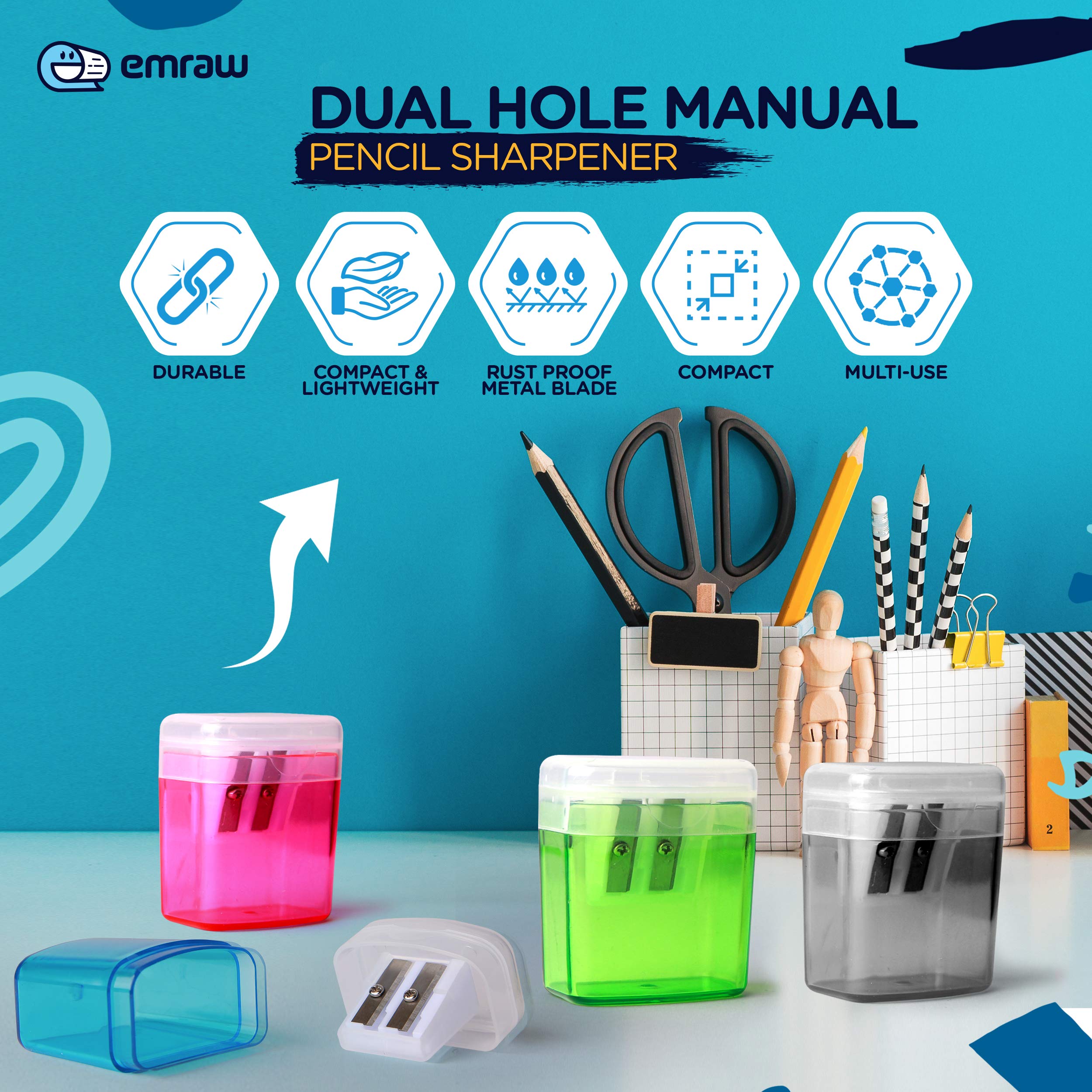 Emraw Manual Pencil Sharpener Dual Hole With Lid and Receptable for Regular and Over sized Pencil Crayons Perfect for School and Office Supplies (Pack of 4)