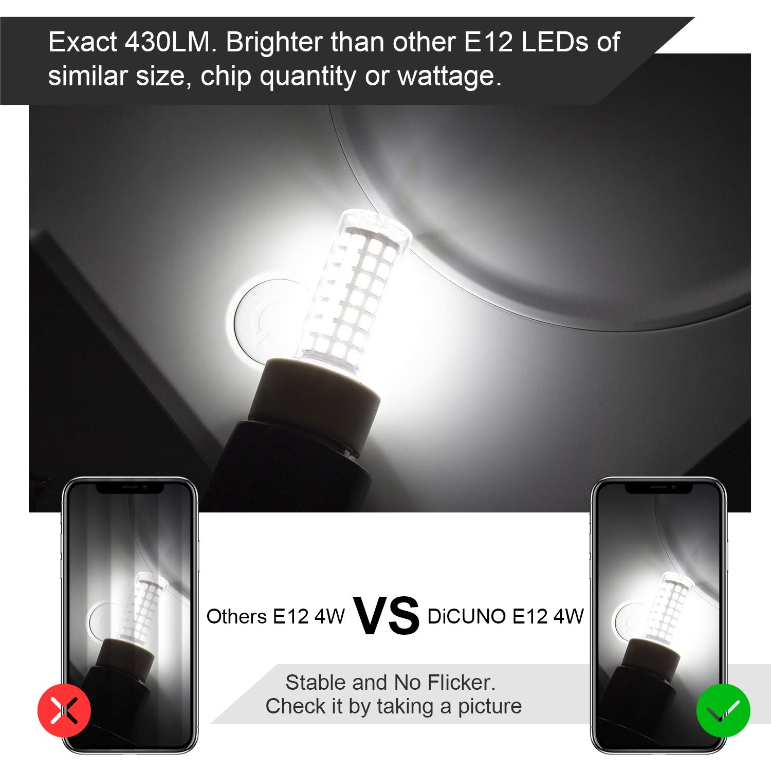 DiCUNO Dimmable E12 LED Bulb 4W (40W Halogen Equivalent), 430LM Daylight White 5000K Ceramic 120V Candelabra Base Light Bulb for Ceiling Fan, Chandelier, Home Lighting (6-Pack)