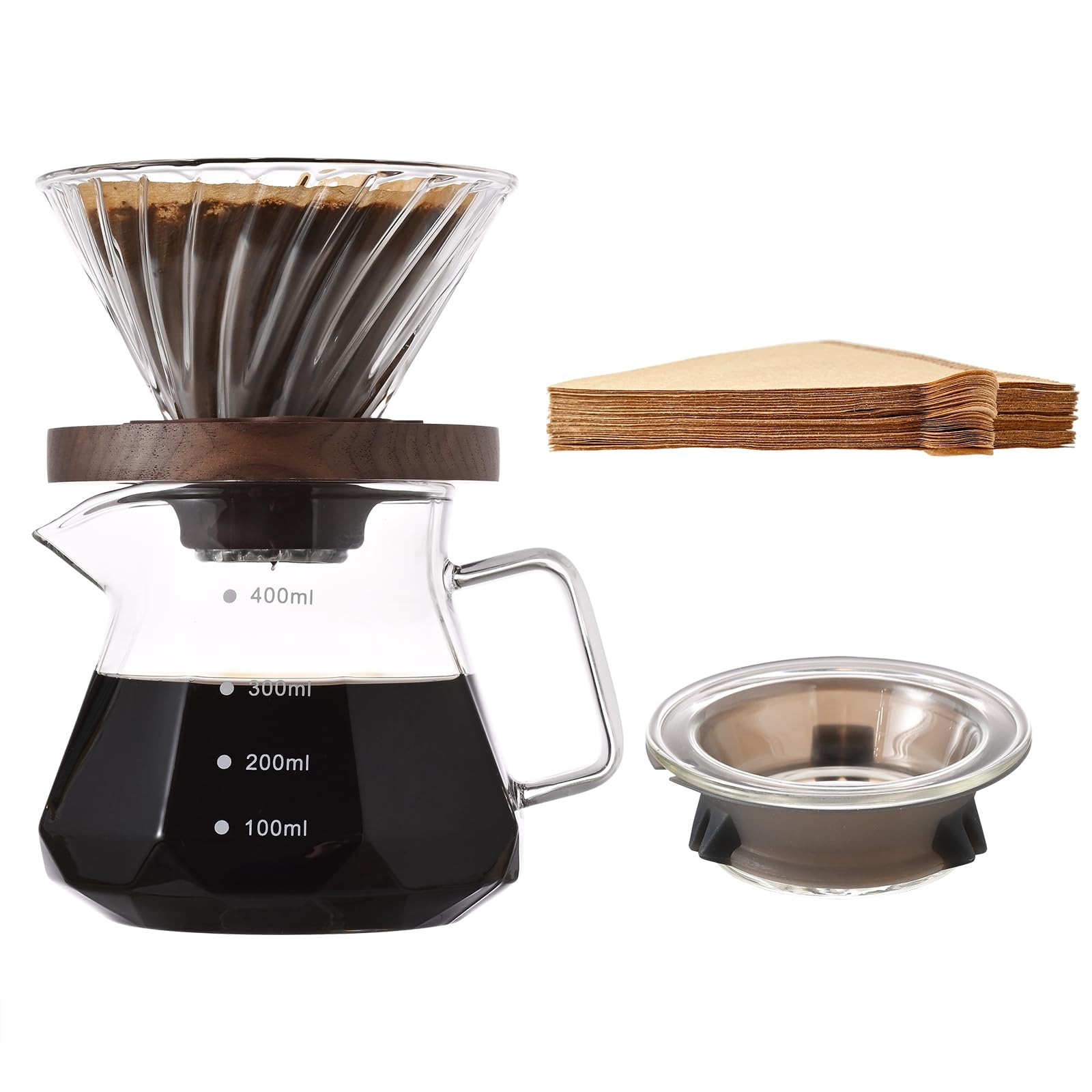 NEWOUGER Pour Over Coffee Maker With Paper Filter 40 Sheets,Transparent 13.5 Oz Pour Over Coffee Dripper Set Borosilicate Glass Coffee Carafe,For Home,Camping, Hiking
