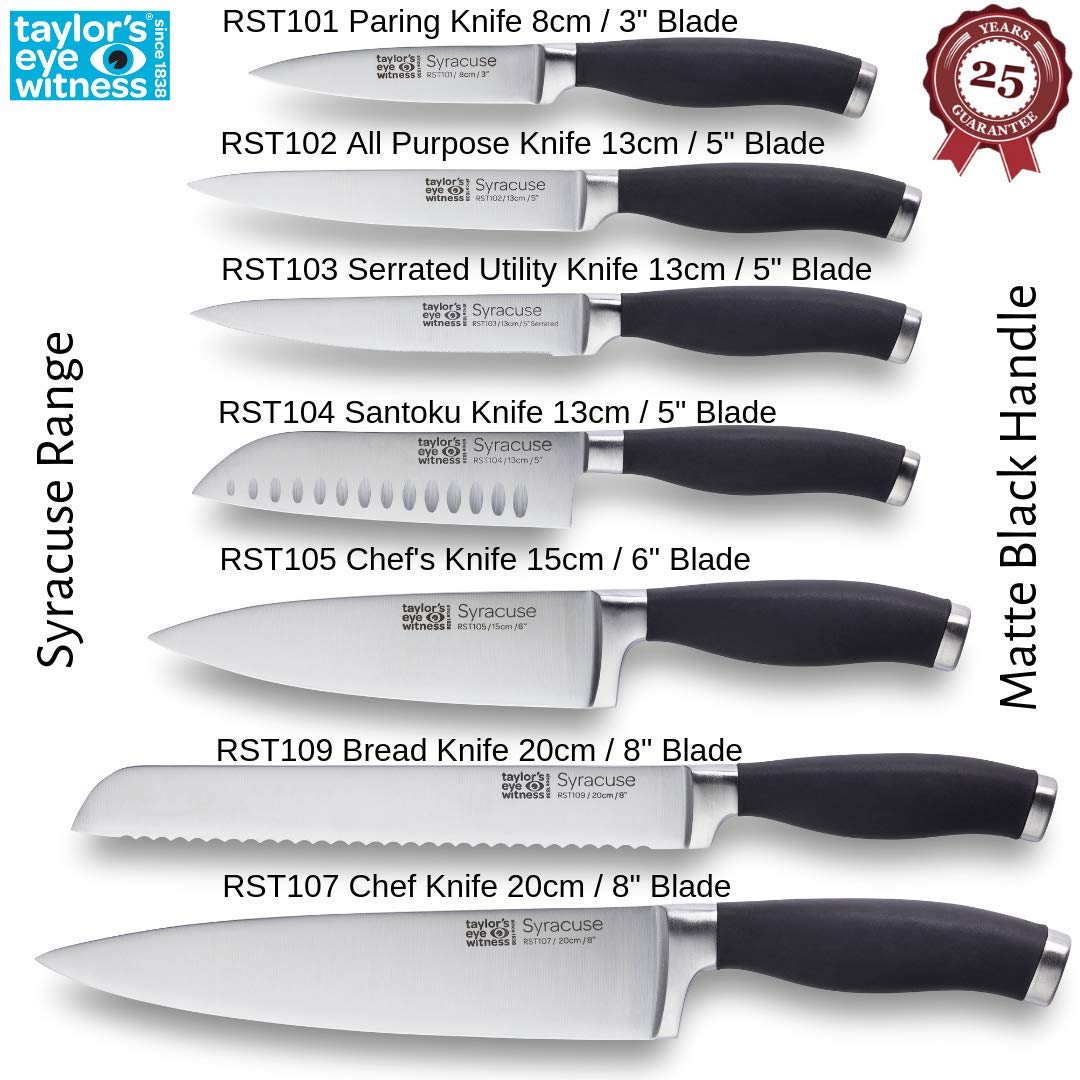 Taylors Eye Witness Syracuse Chefs/Cooks Kitchen Knife - Professional 20cm/8 Inch Cutting Edge, Multi Use. Precision Ground, Razor Sharp, Ultra Fine Blade. Soft Textured Grip Matte Black Handle.