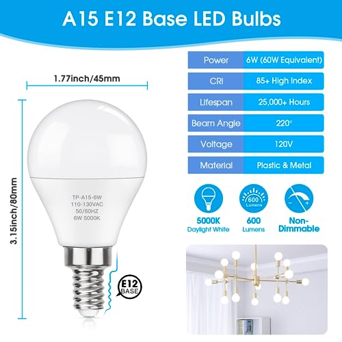 MAXvolador E12 LED Bulbs 60W Equivalent, Daylight White 5000K Ceiling Fan Light Bulbs, 600LM CRI 85+ Small Base LED Candelabra Bulbs, 6W A15 LED Bulb, Non-Dimmable, Pack of 6