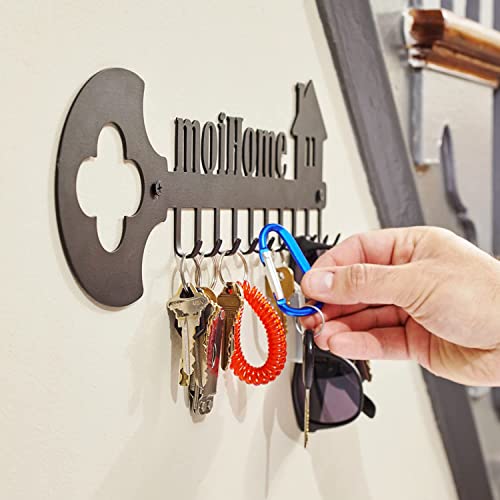 moiHome Key Organizer Wall Mount Rack - Decorative 10 Hook Iron Key Ring Holder for Wall - Ideal for Entryway, Front Door, Kitchen, Hallway - Includes Screws & Anchors – 5 x 14.75 Inches, Black