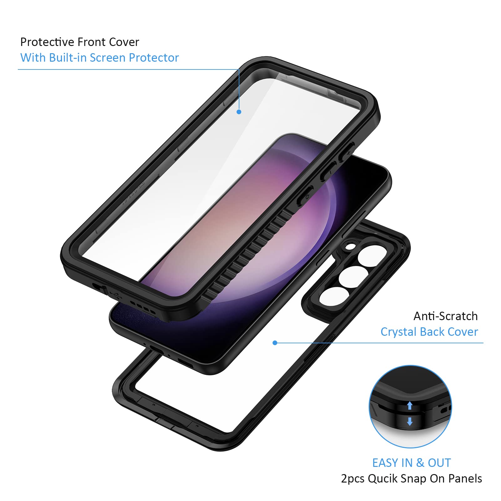 Lanhiem Samsung Galaxy S23+ Plus Case, IP68 Waterproof Dustproof Case with Built-in Screen Protector, Rugged Full Body Shockproof Protective Cover for Galaxy S23 Plus 6.6 Inch, Black/Clear