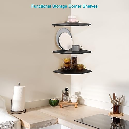DUICIRX Corner Wall Shelves, Wood Corner Floating Shelves with Cable raceway, Wall Mount Storage Display for TV Accessories, Monitor, Speaker, Cable Box, Game Console (Black, Diamond- 12 Inch)
