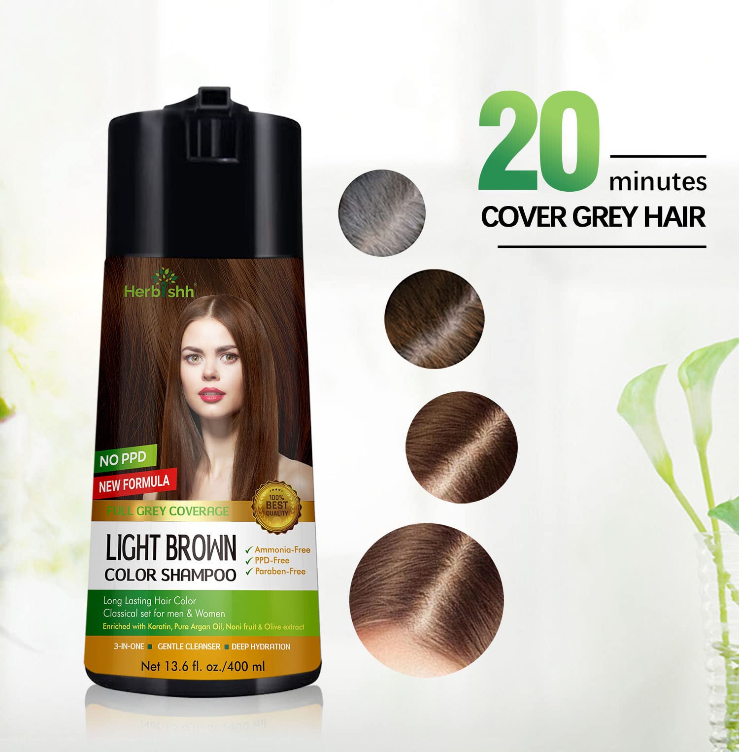 Herbishh Hair Color Shampoo - Enriched Dye Formula for Gray Hair - Long Lasting & DIY (Light Brown)