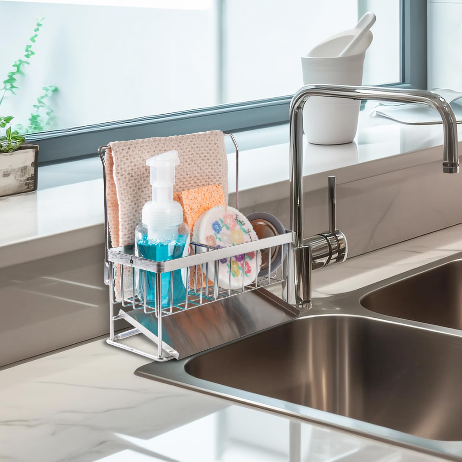 DorineRack Sponge Holder for Kitchen Sink,Stainless Steel Kitchen Sink Organizer, Rag Soap Brush Storage Rack, Sink Sponge Non-Slip Storage Rack Kitchen Bathroom Sink Essentials&Accessories