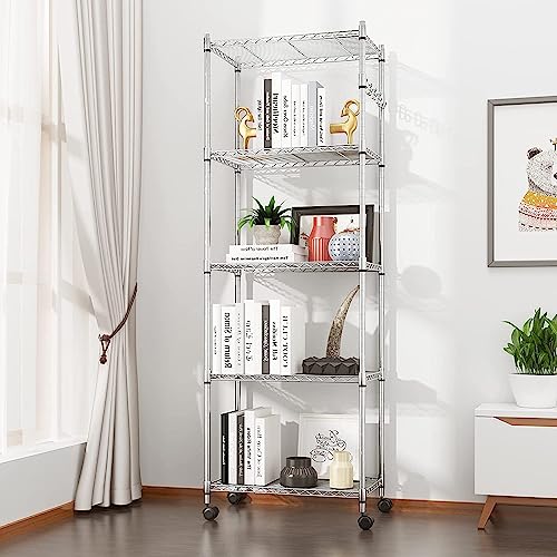 Devo Storage Shelf Metal Storage Shelves with Wheels, Stainless Steel Standing Shelf for for Kitchen, Laundry room, (24" * 14" * 71", Silver)