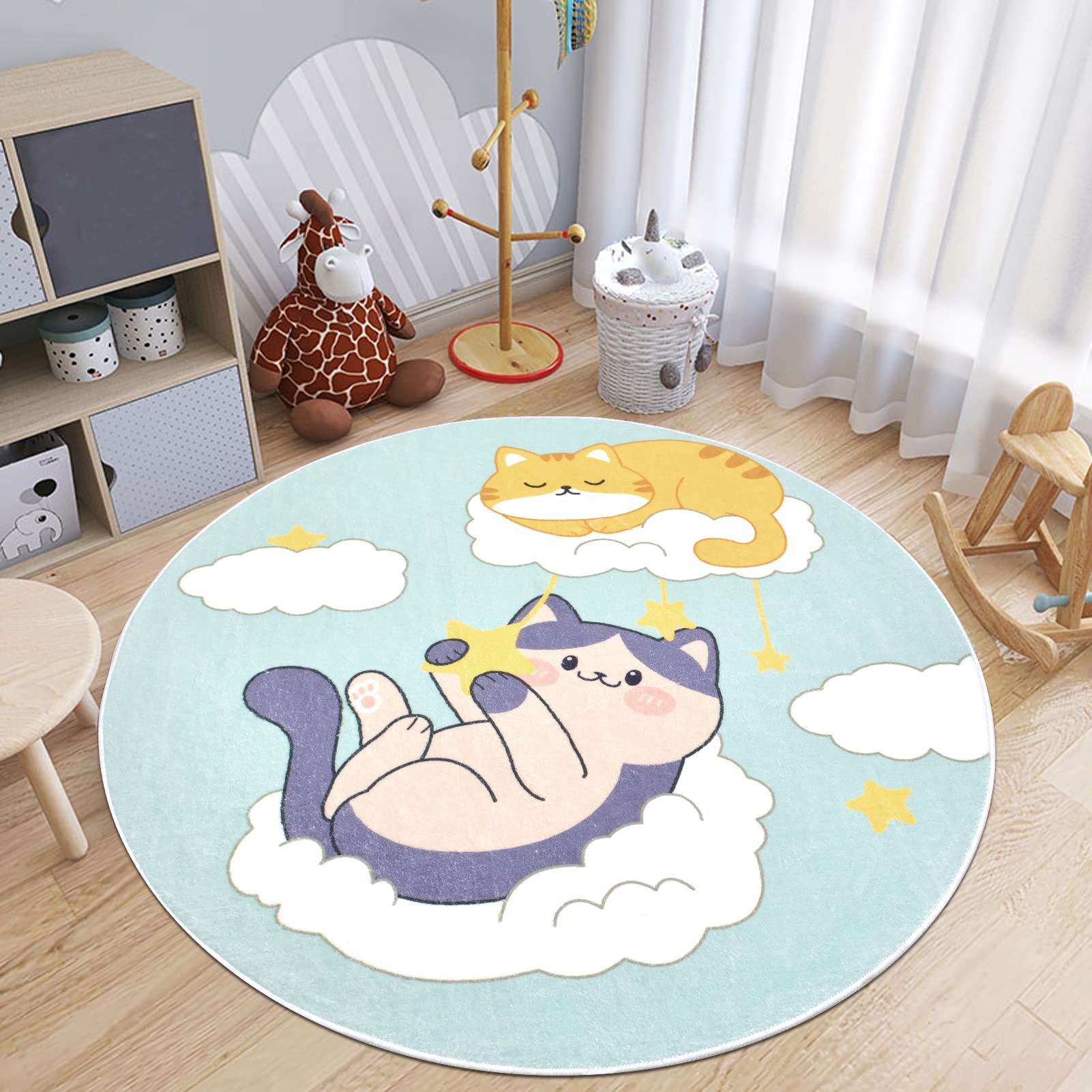 TEALP Kids Rugs 4Ft Large Round Play Mat Cute Cat Baby Crawling Mat Circle Children Rug for Nursery Decor Soft Floor Carpet for Living Room Washable Bedside Rug for Kids Bedroom Cute Cat Theme Decor