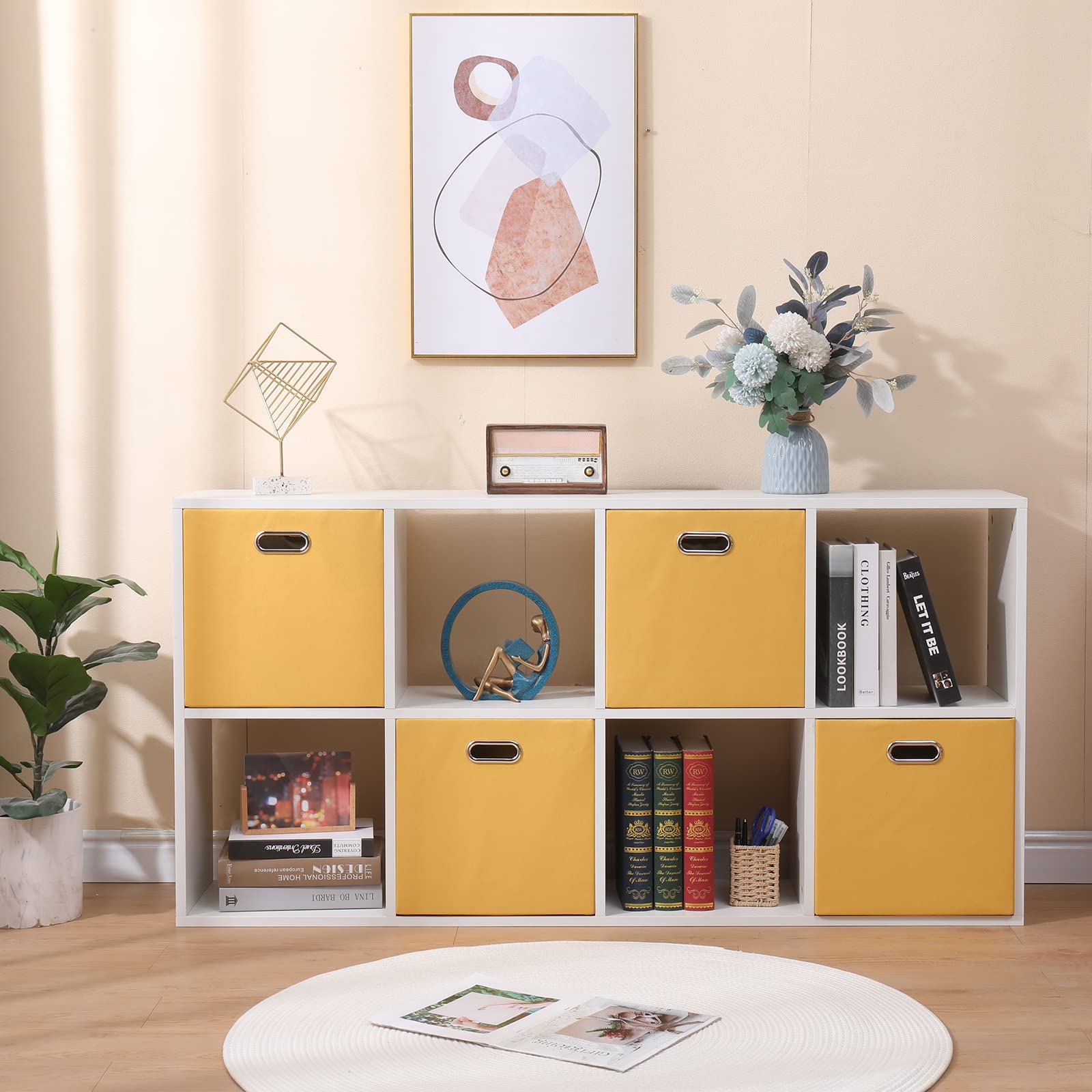 Fboxac Collapsible Organization Basket Fabric Foldable Box with Handles, 13x13 Cube Storage Bins Set of 4, Thick and Heavy Duty Storage Baskets for Shelves Kallax Bedroom Dormitory Toy Clothes, Yellow