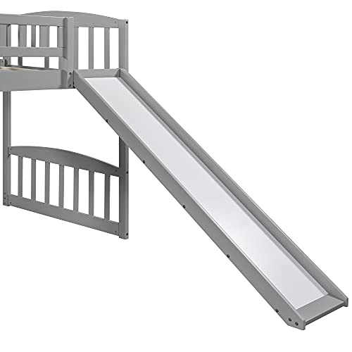 Twin Loft Bed with Slide, Wooden Low Loft Bed with Stairs and Storage for Kids Girls Boys Teens - Gray
