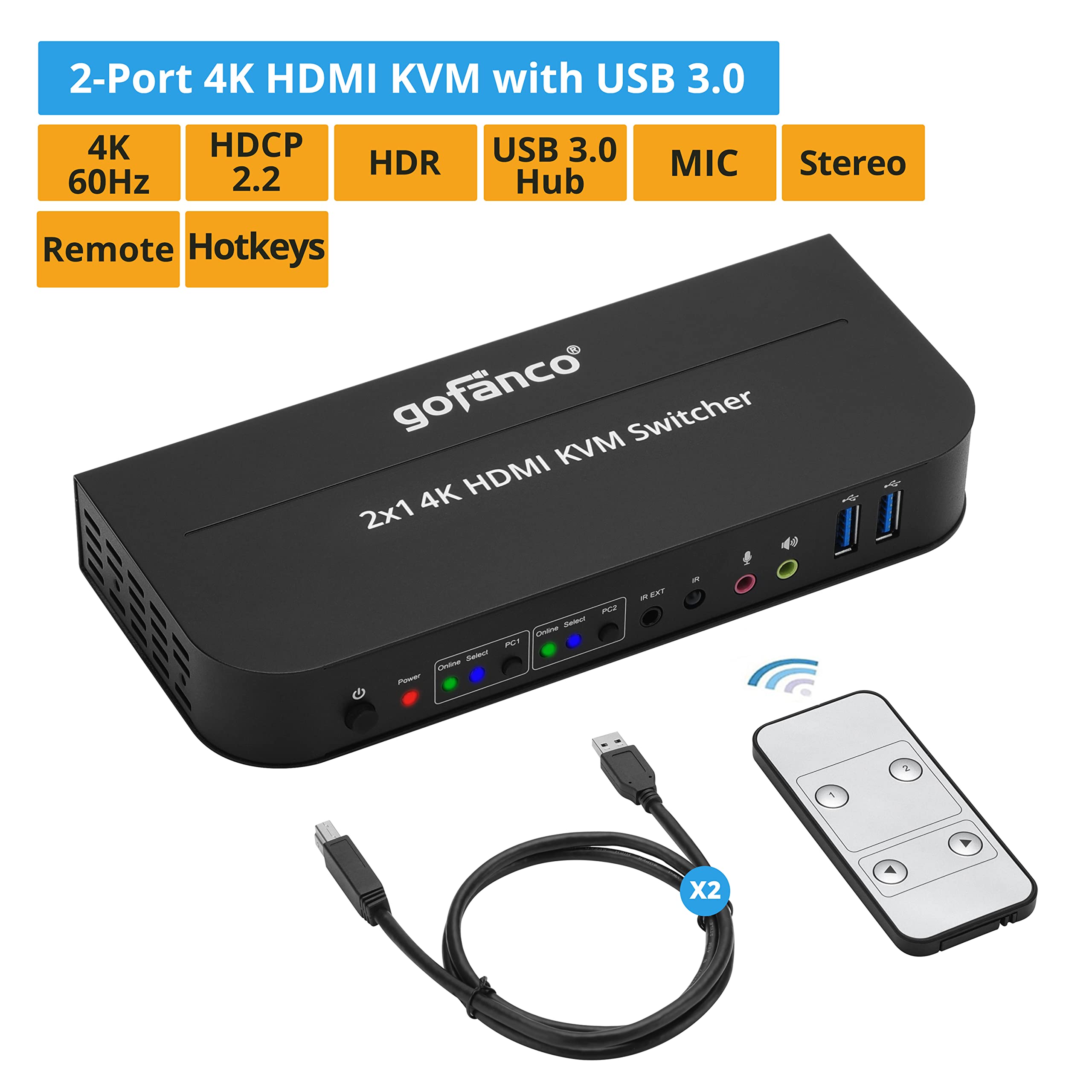 gofanco 4 Port HDMI KVM Switch with USB 3.0 – 4K @60Hz 4:4:4, 18Gbps, HDR, 3D, HDCP 2.2/1.4, USB Keyboard/Mouse, USB 3.0 Hub, MIC in, Stereo Out, IR Remote, Hotkeys (KVMHD2-4P)