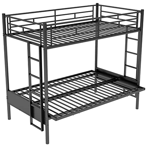 Twin Over Futon/Full Bunk Bed Convertible Metal Bunk Beds Couch and Bed for Kids Boys Girl Adults Teens Dorm, Black