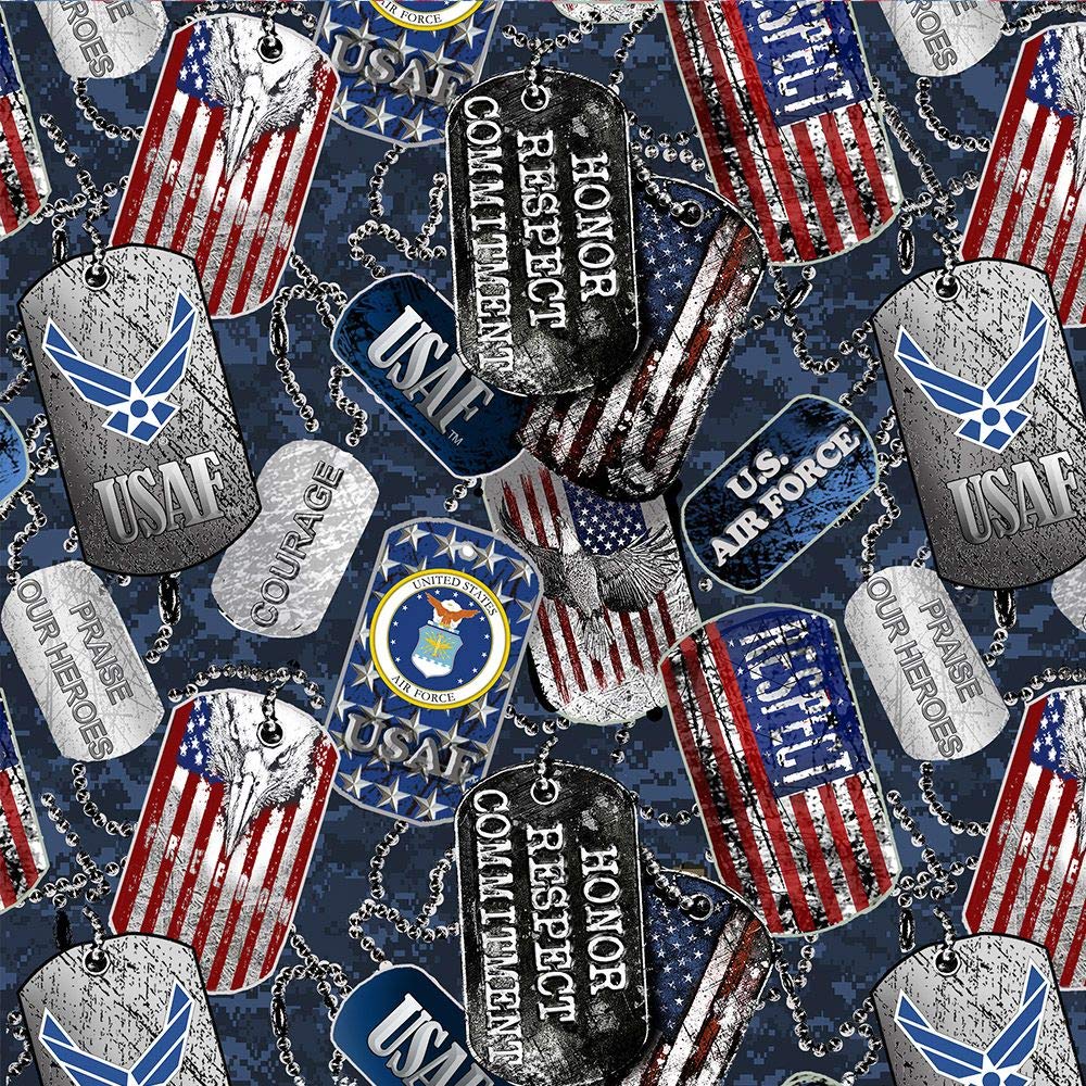 United States Military US Air Force USAF Cotton Fabric with Dog Tags and Digi Camo Ground Design-Sold by The Full Yard