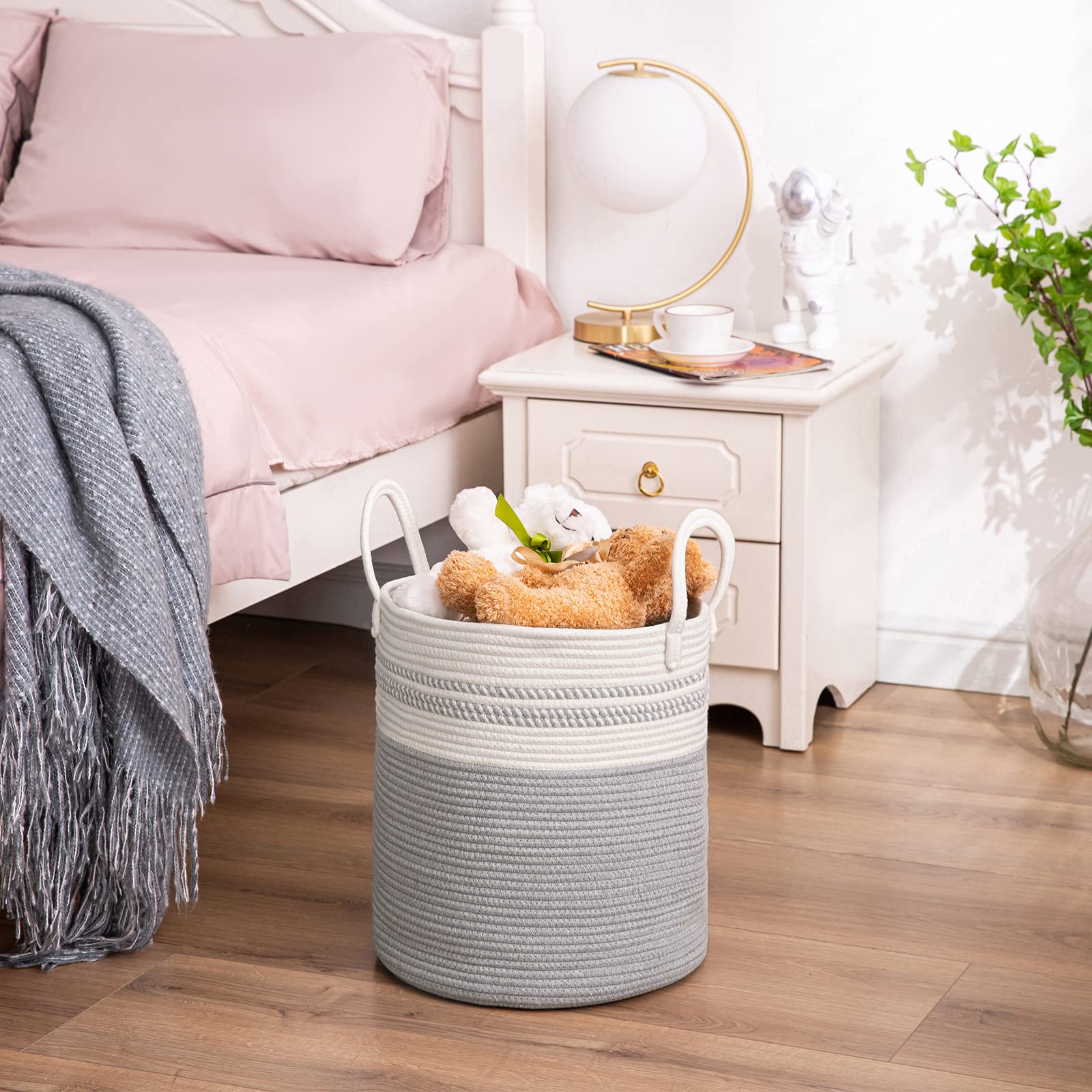 TECHMILLY Woven Rope Laundry Hamper Basket, Tall Laundry Basket Storage, Baby Nursery Hamper for Blanket, Clothes Hamper for Laundry in Bedroom and Living Room Organizing, Small, 42L, Grey